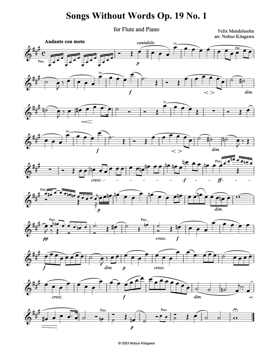 Songs Without Words for Flute and Piano Op. 19 No. 1 フルートとピアノの為の無言歌 作品 ...